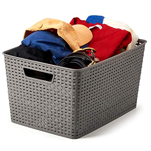 EZOWare 3 Pack X-Large Gray Woven Plastic Storage Baskets, Organizer Knit Basket Bin Boxes with Handle - 16.5x11.4x8.7 inch