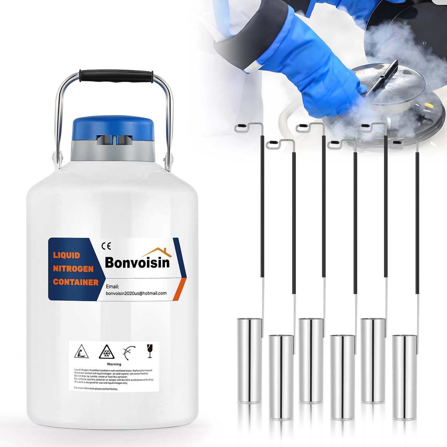Bonvoisin 6L Liquid Nitrogen Container Cryogenic Container Liquid Nitrogen (LN2) Dewar Aluminum Alloy Semen Tank with 6 Canisters Carry Bag (6L)