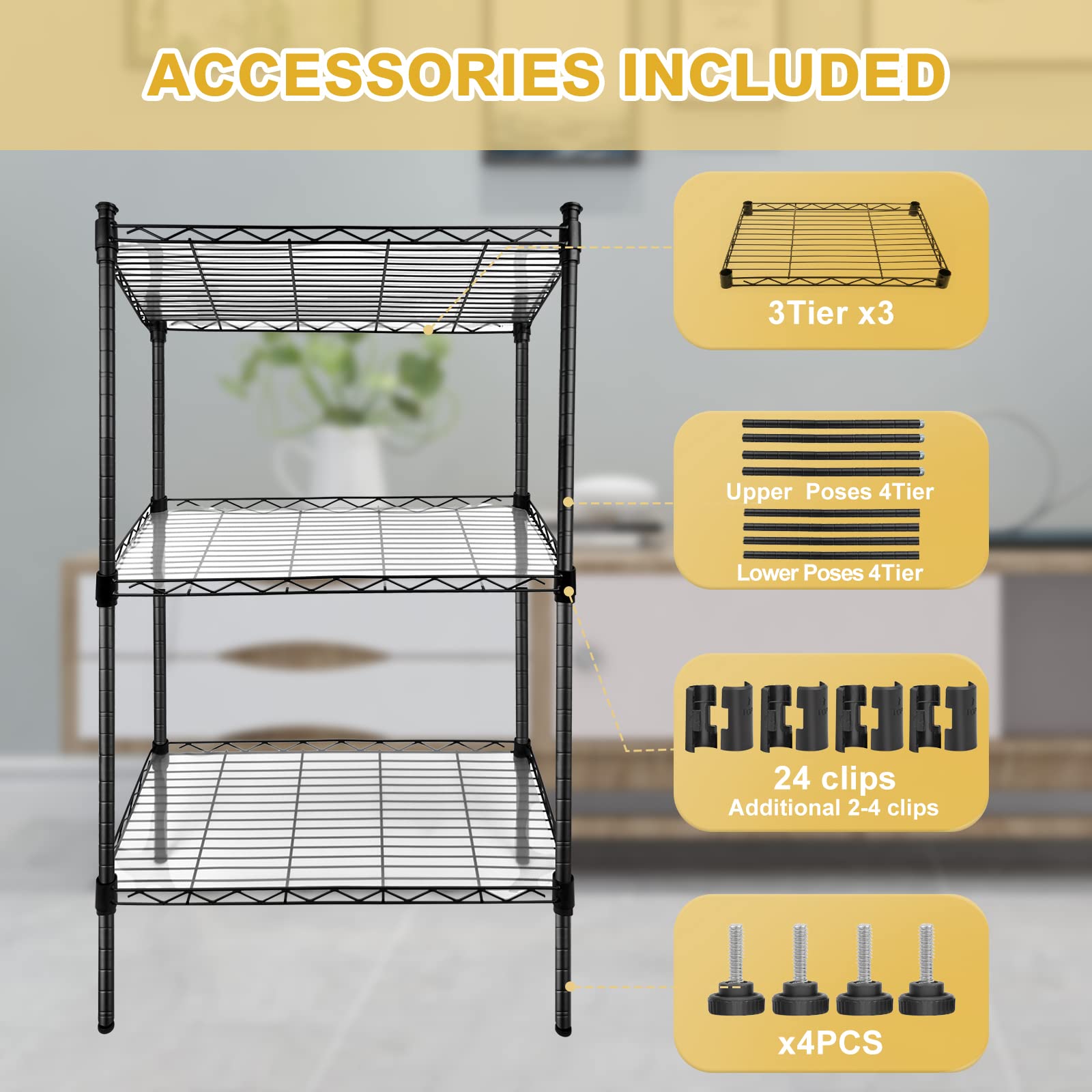 3-Tier Wire Shelving Unit and Storage, Shelves for Storage Height Adjustable Metal Wire Rack Shelving for Garage Kitchen Pantry Closet Laundry Bathroom Load 265LBS (21.5 x 11.5 x 35.5 inch)