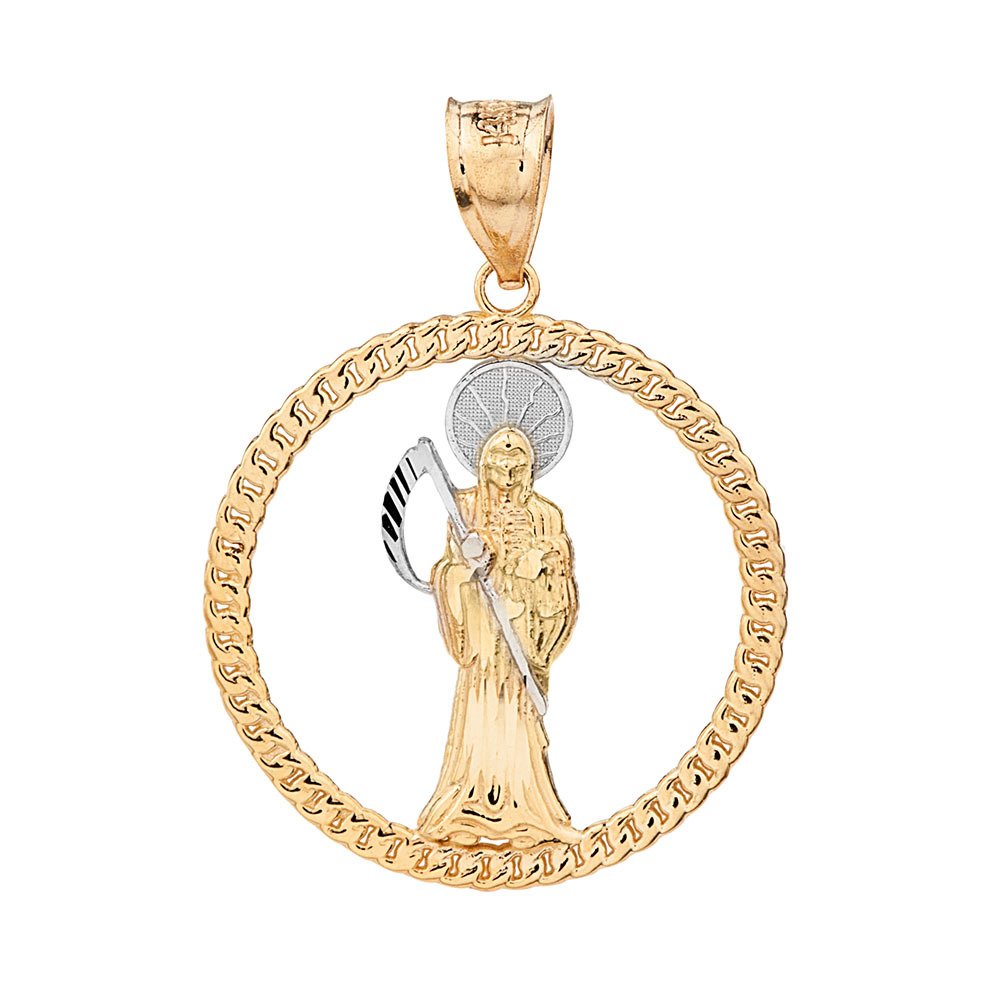 10k Two-Tone Gold Santa Muerte Round Rope Design Frame Necklace, 16"
