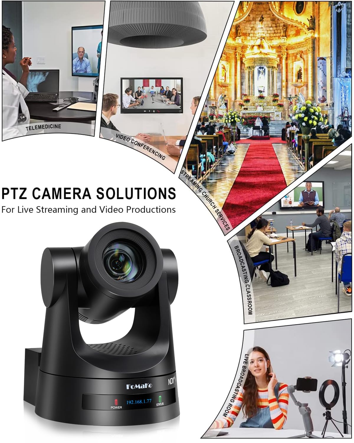 FoMaKo NDI Camera AI Auto Tracking 20x Optical Zoom HDMI NDI PTZ Camera for Church Worship Education Events,PoE 1080P 60FPS (KN20A Pro) (NDI 6 & NDI HX3 Certified)