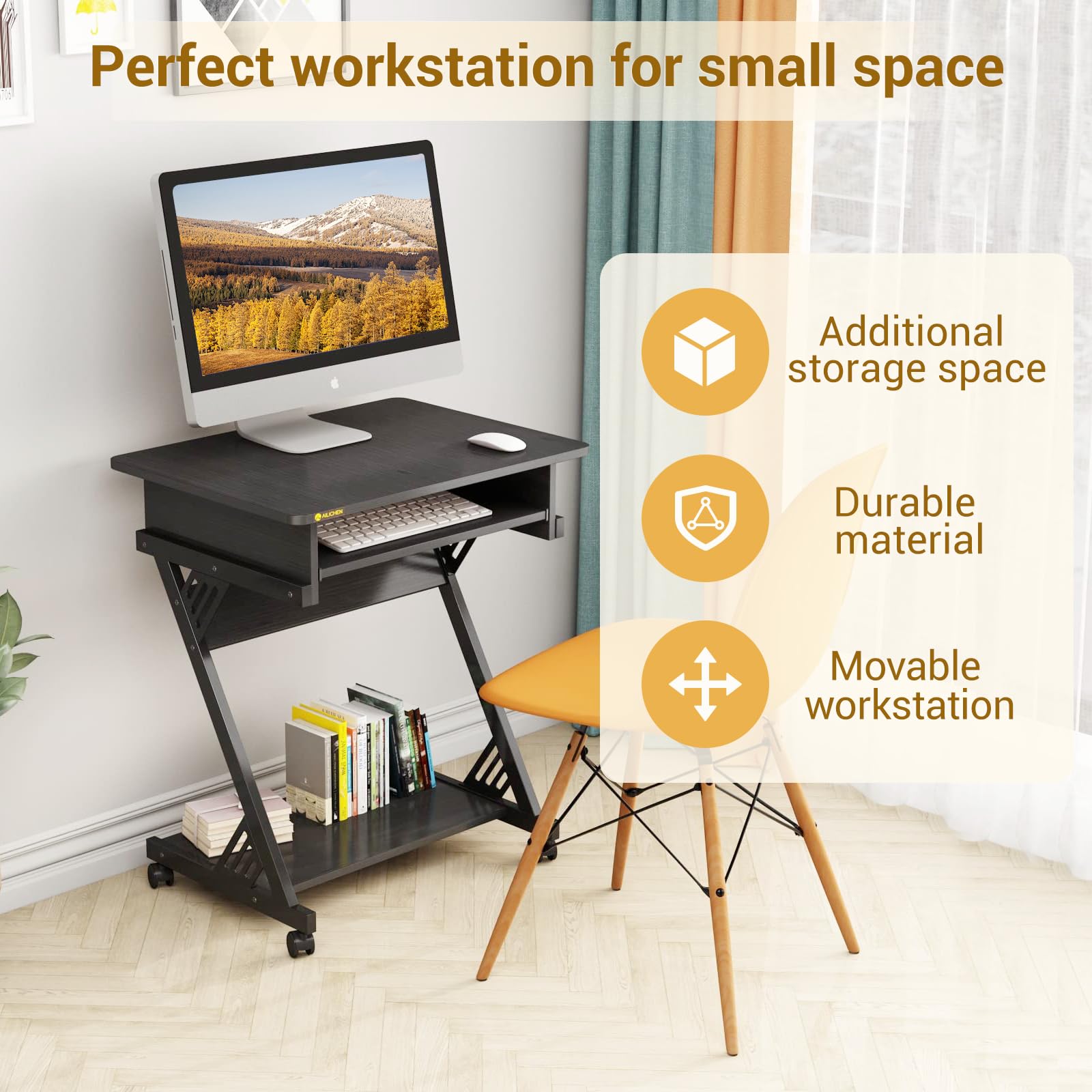 24 Inch Small Computer Desk, 30 Inch Tall Small Standing Desk with Wheels, Rolling Desk for Computer and Bedroom, Home Office Computer Desk, Mobile Computer Portable Laptop Cart with Shelves, Black