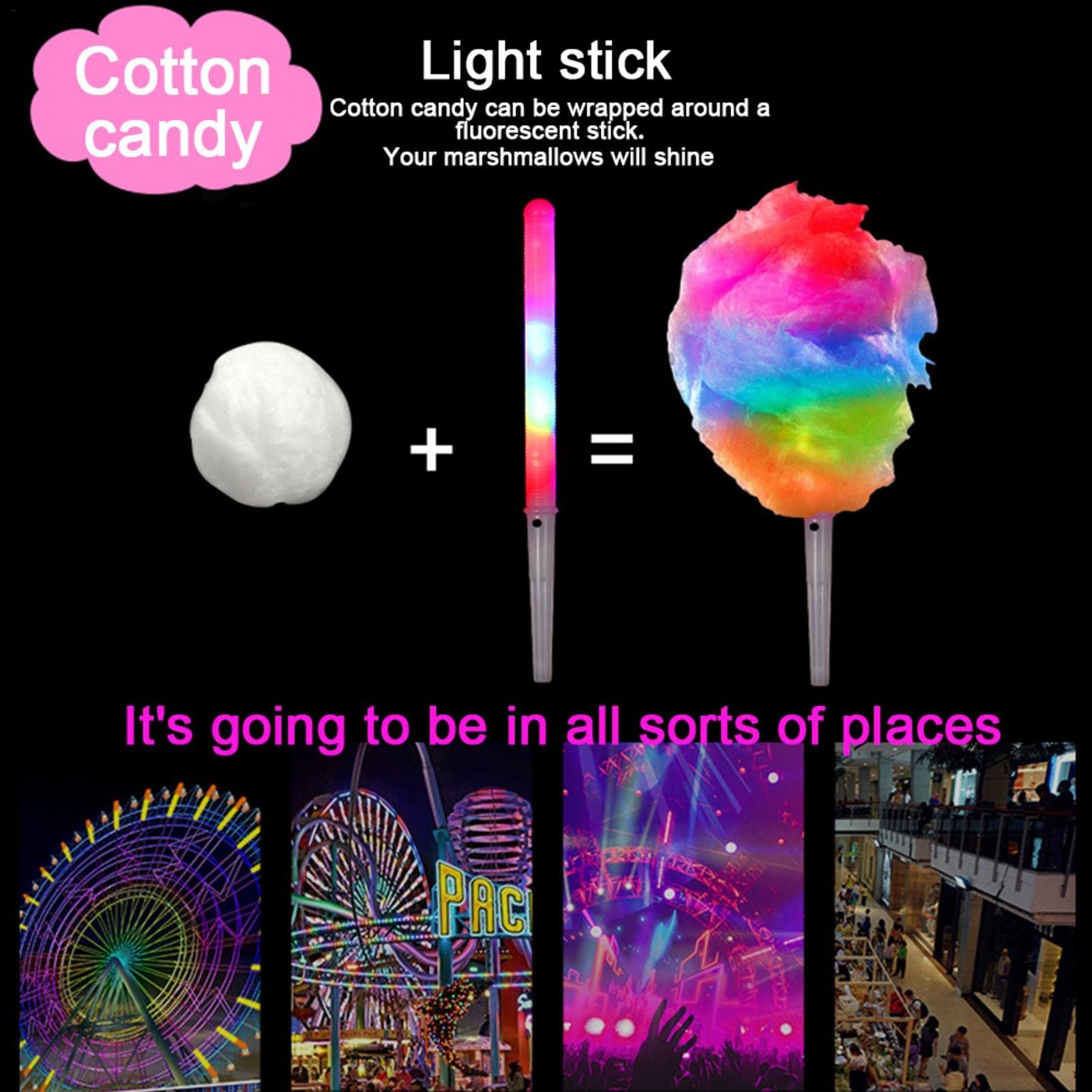 100 Pcs LED Cotton Candy Cones, Glowing Cotton Candy Sticks, 8 Patterns Colorful LED Cotton Candy Glow Sticks for Cotton Candy Maker, Reusable Safety Food Grade Material Marshmallow Sticks