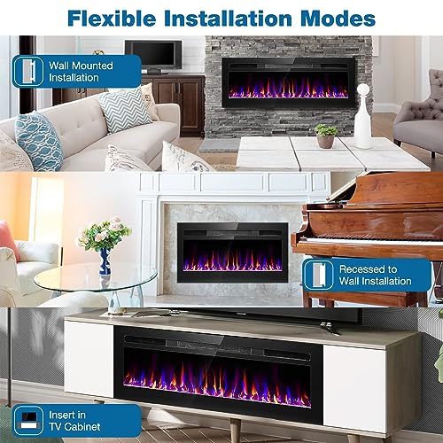 50 Inch Electric Fireplace Recessed and Wall Mounted, Fireplace Heater and Linear Fireplace, Ultra-Thin Electric Fireplace, Low Noise, with Timer, Remote Control, Adjustable 12 Flame Color, 750/1500W