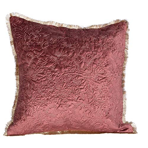 Creative Co-Op Embroidered Floral Square Cotton & Velvet Gold Fringe Pillow, Rose