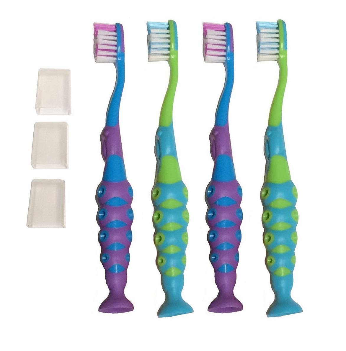 4-Pack of Kids Childrens Toddler Child Sized Brush Heads (3-8 Year Old) Boys Blue Purple Green Extra Soft Bristle Easy Grip BPA Free Toothbrush Set w/ Suction Base w/ Travel Dust Covers