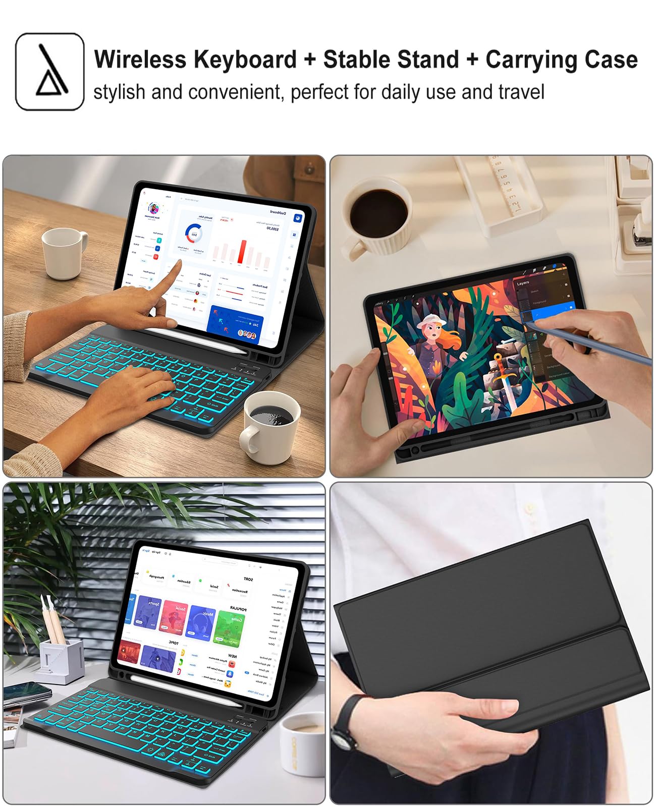 BORIYUAN iPad 10.2 inch Case with Keyboard, Detachable Bluetooth Keyboard with 7 Color Backlit, Slim Folio Smart Cover with Pencil Holder for iPad 9th/8th/7th Gen/iPad Pro 10.5"/iPad Air 3rd Gen Black