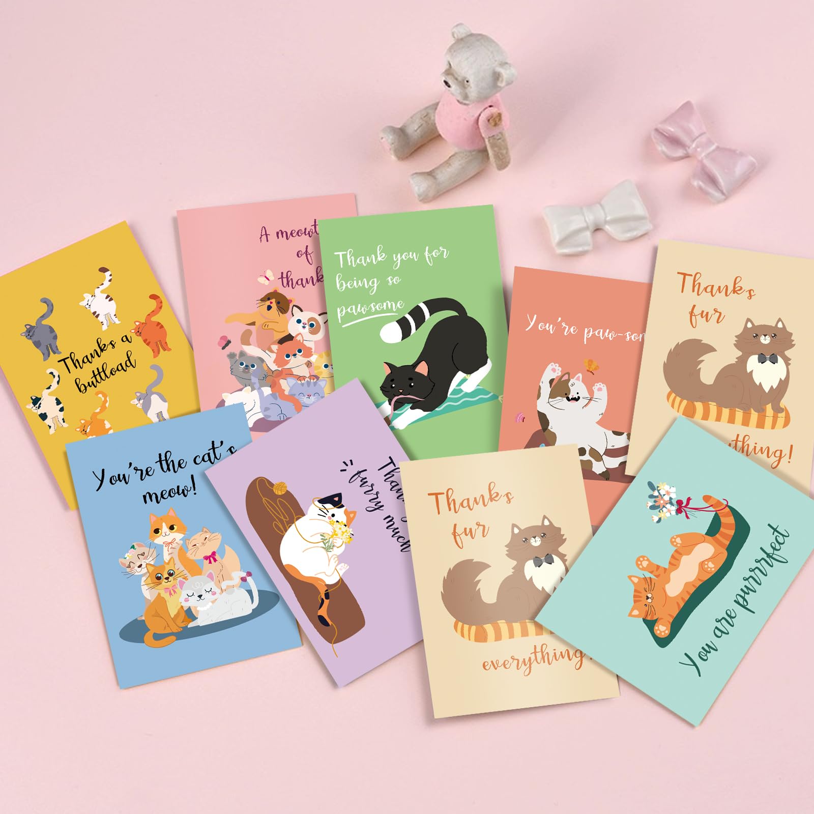 24 Funny Cats Thank You Cards With Envelopes & Stickers, Assorted Cats Pun Appreciation Cards for Kids Business Employee, Cute Cat Bulk Note Cards Stationery Box Set