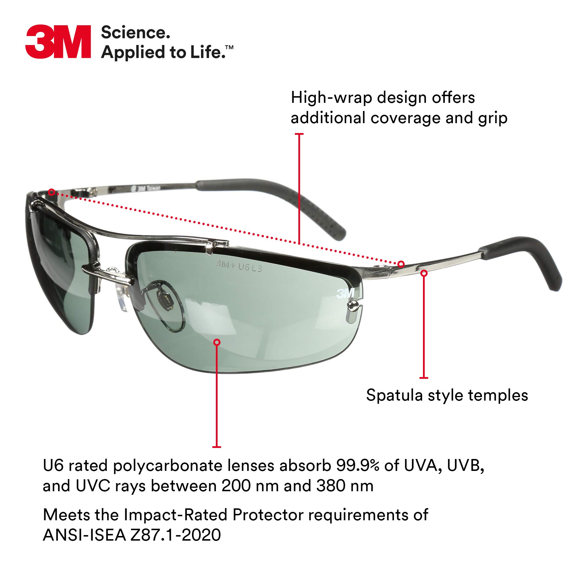 3M Safety Glasses, Metaliks, ANSI Z87, Anti-Fog, Gray Lens, Polished Metal Frame, Adjustable Bridge