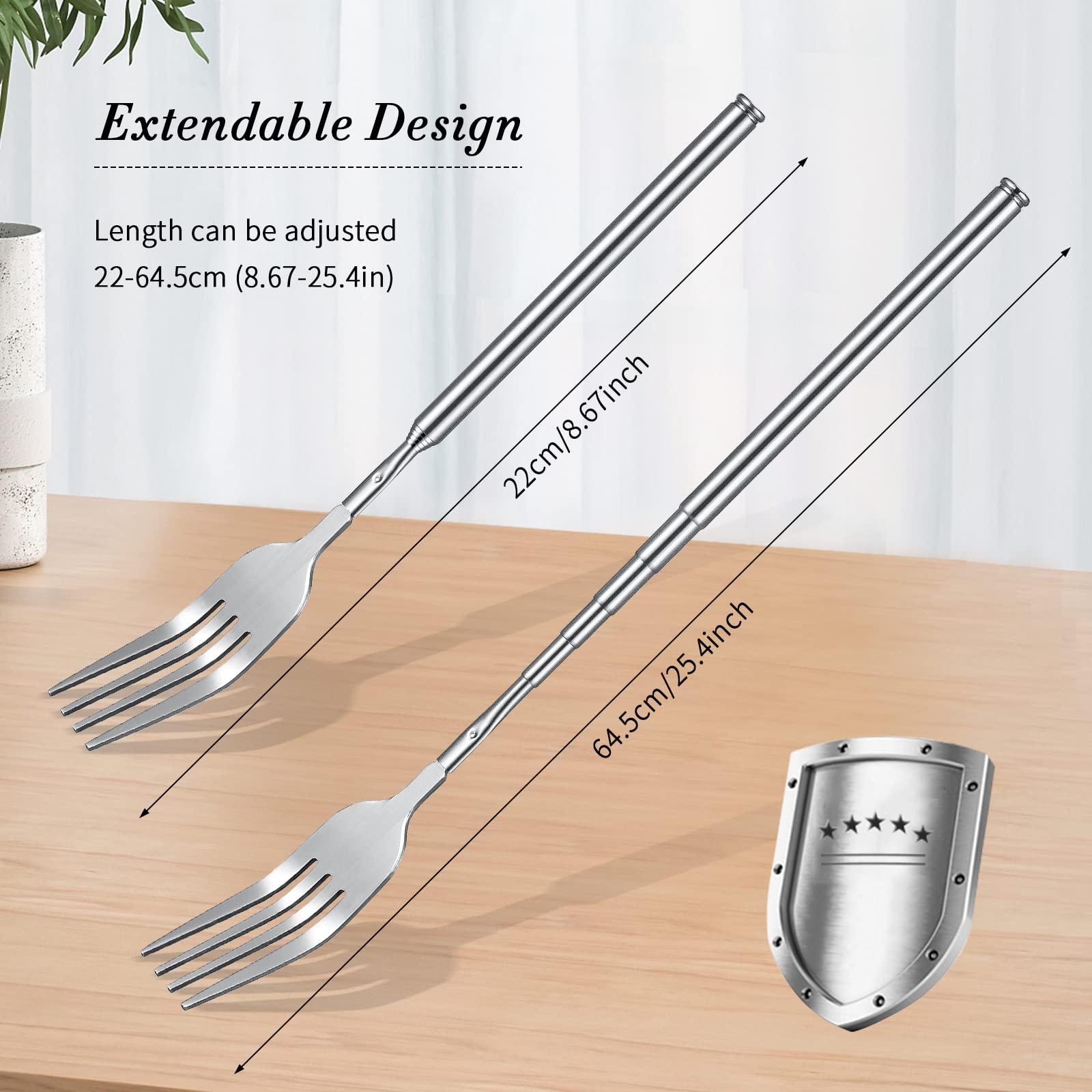 2 Pcs Dinner Extendable Fork Stainless Steel Adjustable BBQ Telescopic Extendable Dinner Fruit Dessert Long Handle Fork Cutlery Anti Rust Sturdy for Cooking Toasting Sausage Vegetable, 8.46-21.65 Inch