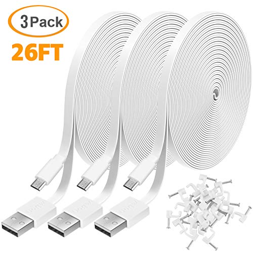 3 Pack 26FT Power Extension Cable Works for Wyze Cam V4/V3,WyzeCam,WyzeCam Pan,WYZE Cam OG,KasaCam Indoor,NestCam Indoor,Blink,Cloud Cam,USB to Micro USB Durable Charging Cord for Security Camera