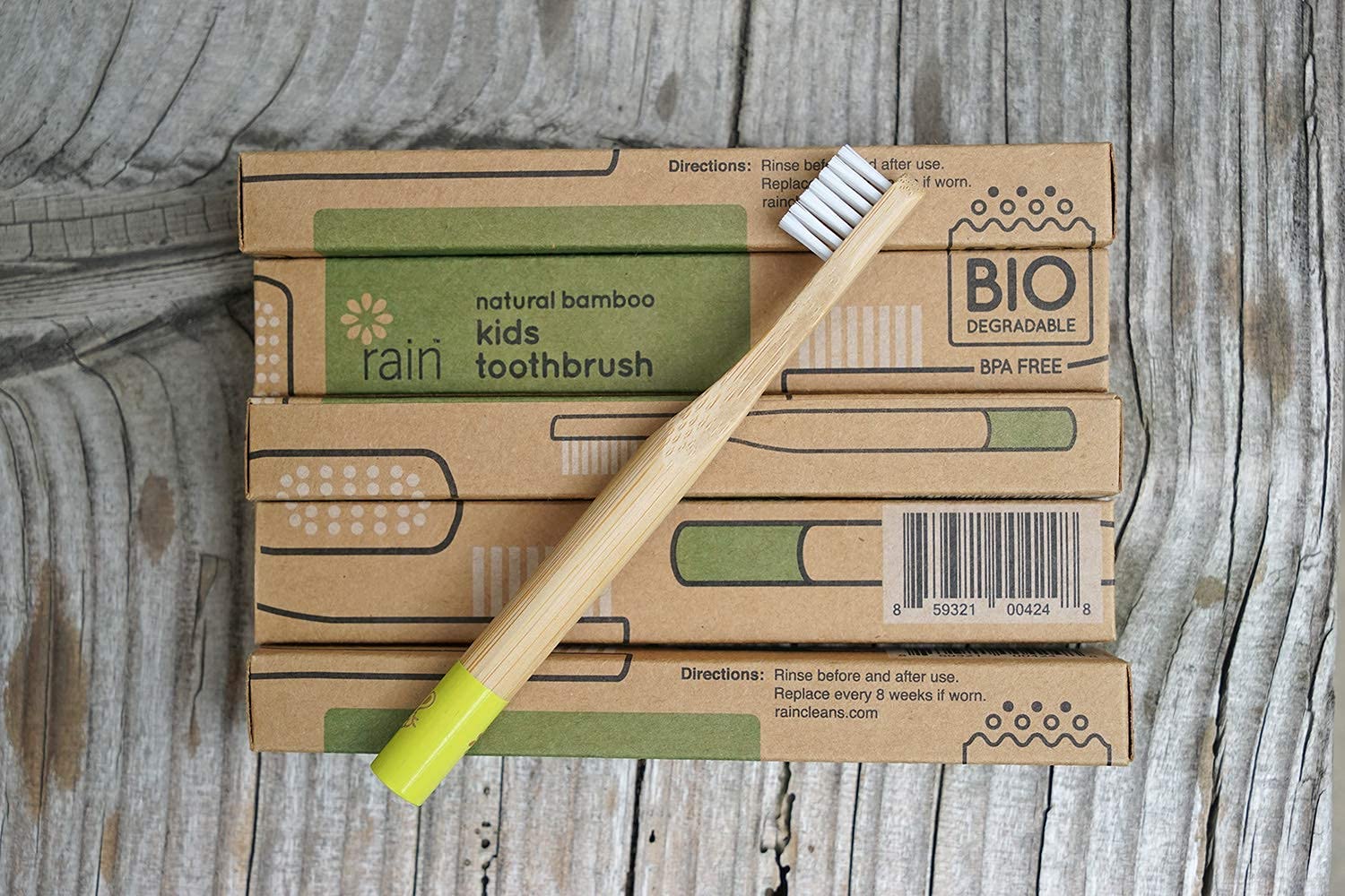 Rain Natural Bamboo Kids Toothbrush Set Fluoride-Free Baby Toothpaste Safe to Swallow with Vitamin C for 6 to 12 Months Up Infant Toddler Toothbrush BPA-Free Biodegradable (1 Toothbrush 1 Toothpaste)