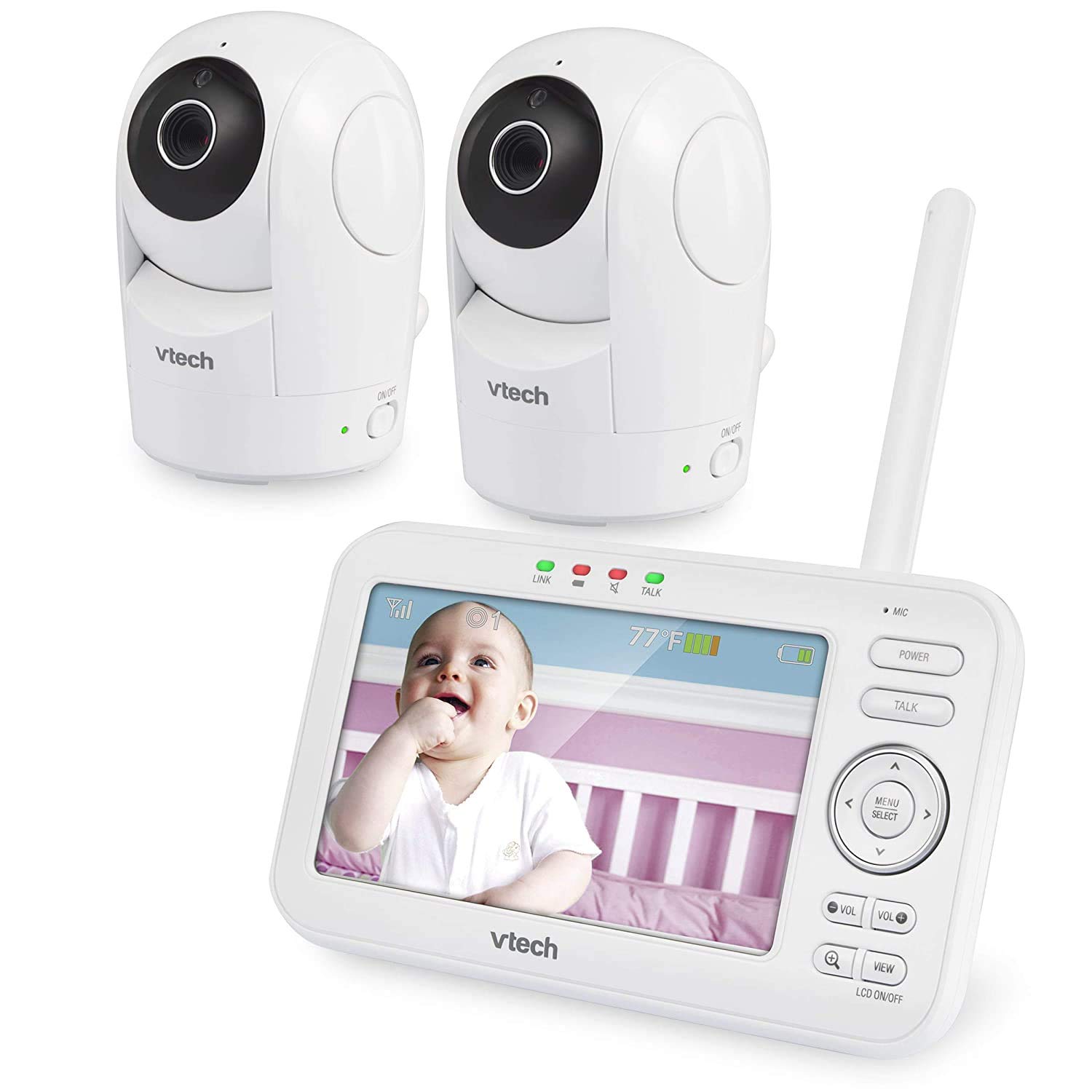 VTech VM5262-2 5" Digital Video Baby Monitor with 2 Pan & Tilt Cameras and Full-Color and Automatic Night Vision, White (Renewed)