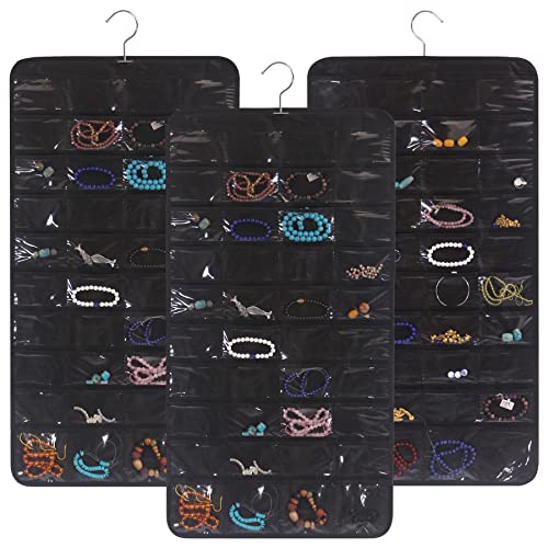 3 Pack Hanging Jewelry Organizer with 80 Pockets Jewelry Storage for Earrings Necklace Bracelet Ring Accessory, Black