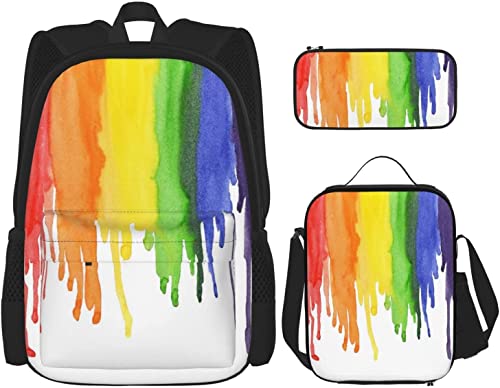 3 Piece Set Backpacks Colorful Love Watercolor Iridescent Gay Lesbian LGBT Yellow Backpack 3 Piece Set for Boys and Girls Cute Axolotl Fish backpack(School Bag + Pencil Case + Lunchbag Set)