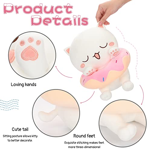 AIXINI Cute Plush Donut Cat Stuffed Animal, Super Soft Kawaii Cat Kitten Plushies for Kids 10inch (White,B)