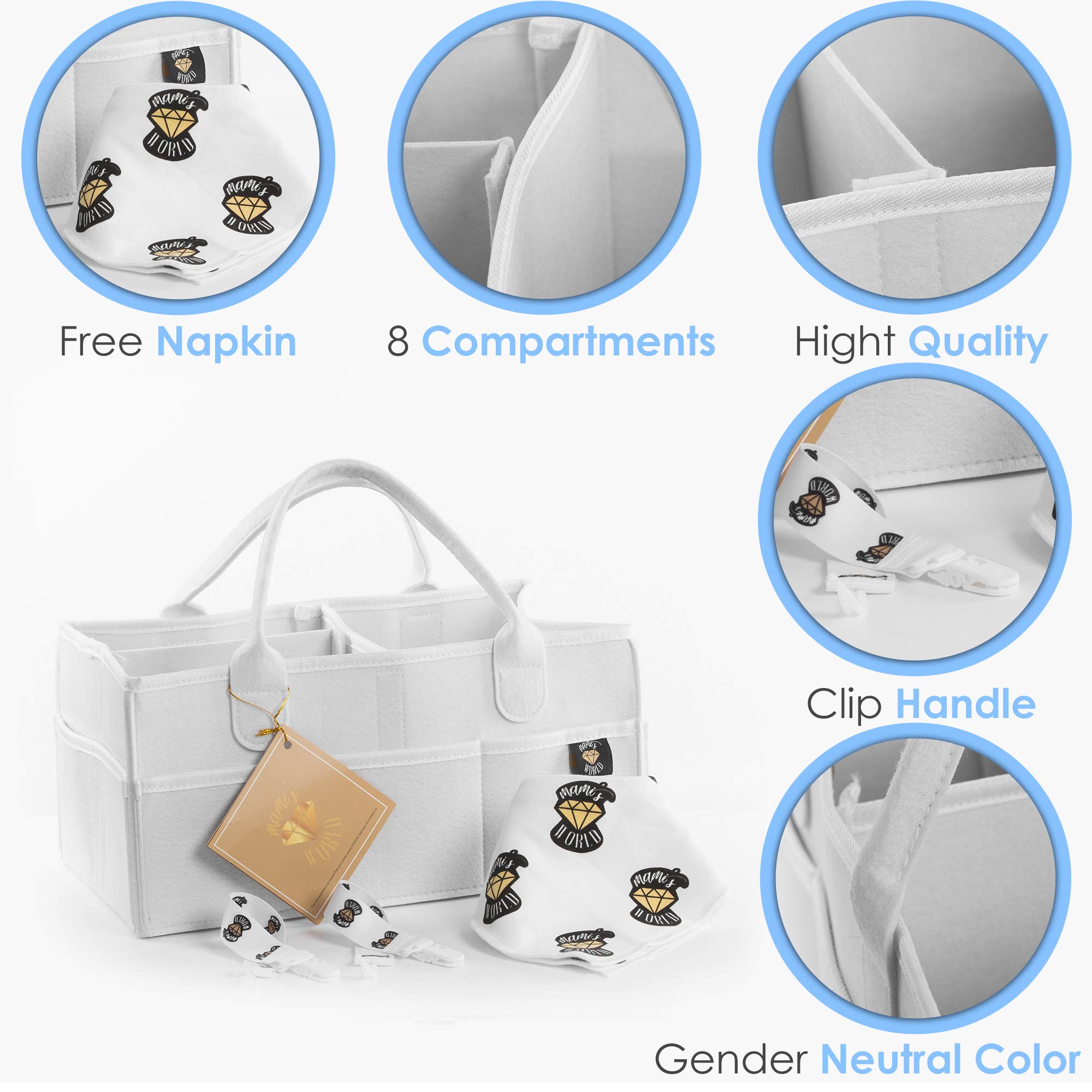 Mami's World: Baby Diaper Caddy Organizer; Portable Bag Holder for car & Changing Table; Essential Storage Bins for Nurseries with Gifts- 2 Pacifier Clips & 2 Bibs