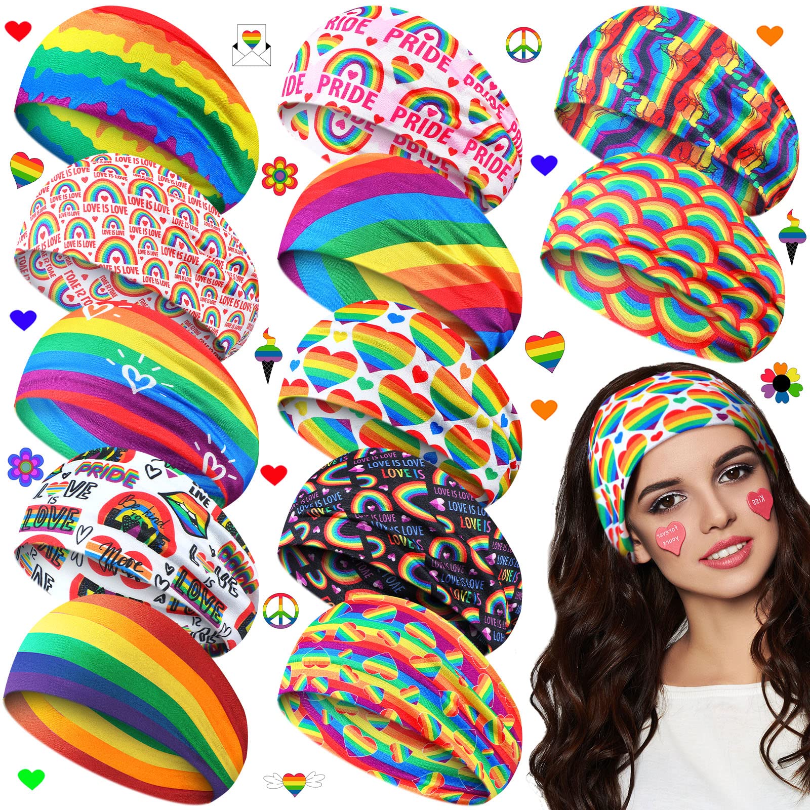 12 Pieces Rainbow Pride Headbands - Elastic Non-Slip Hair Accessories for Girls, Women, and Men (Colorful Pattern)