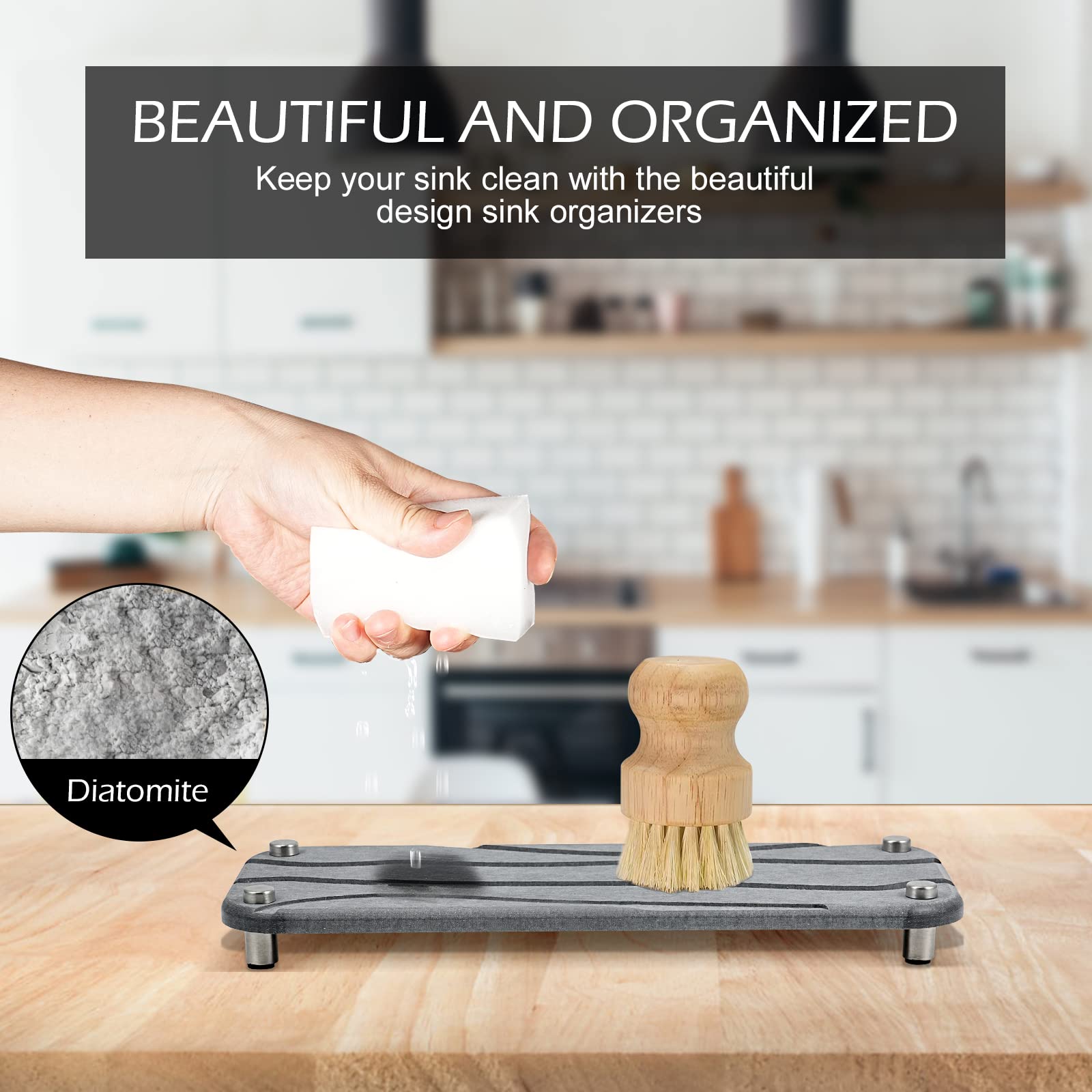 2 Pack Instant Dry Sink Organizer for Bathroom & Kitchen,Spaceaid,Diatomaceous Pedestal Stand Riser with Stainless Steel Feet Protection, counter caddy(Grey)