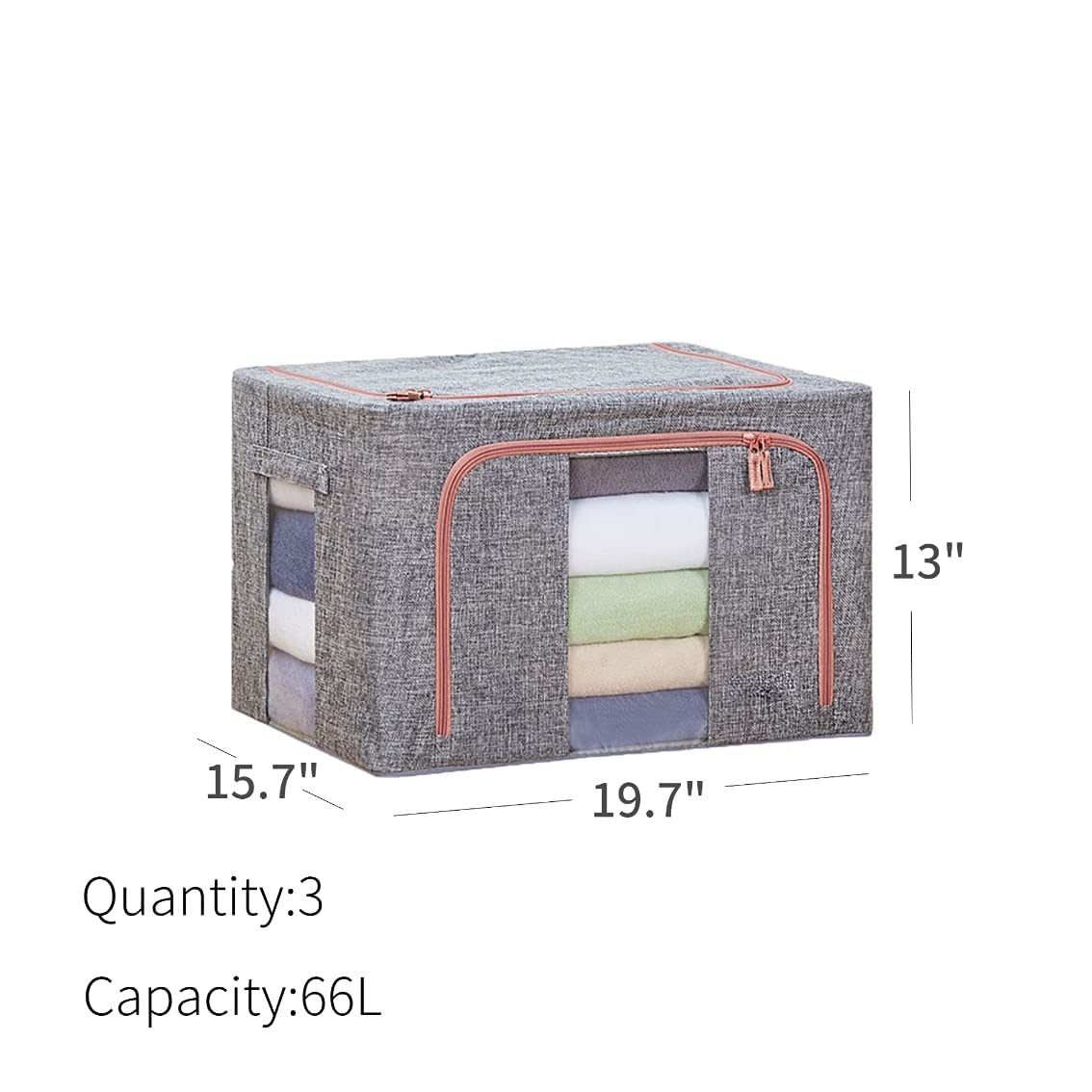 3 Pack Clothes Storage Bags - 66L Foldable Stainless steel Frame Storage Box - Stackable Linen Fabric Container Organizer Set with Carrying Handles and Clear Window With sturdy zipper ( 19.7x15.7x13inch）
