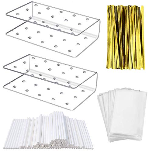 Fox Claw 2 Packs Lollipop Holder Cake Pop Stand Display 100PCS Clear Treats Bags 100PCS Lollipop Sticks and 100PCS Gold Metallic Twist Ties for Candy Cake Pop Making Tools (2)