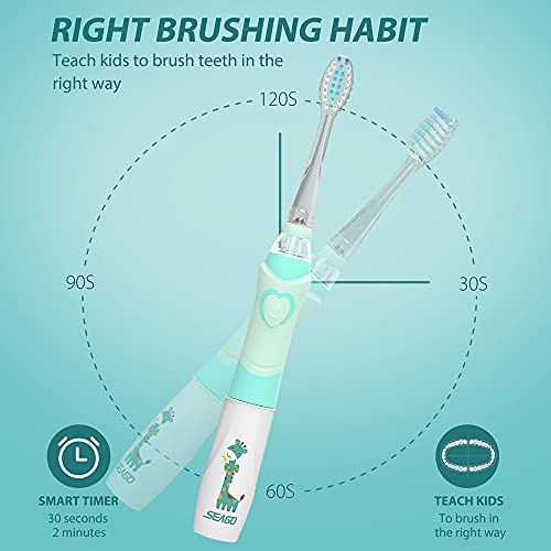 Kids Electric Toothbrushes,Sonic Battery Powered Tooth Brush with Smart Timer,Waterproof Deep Clean for Children and Toddlers Age 3+,Travel with 3 Soft Brush Heads,Cute Colorful LED Light (Green)