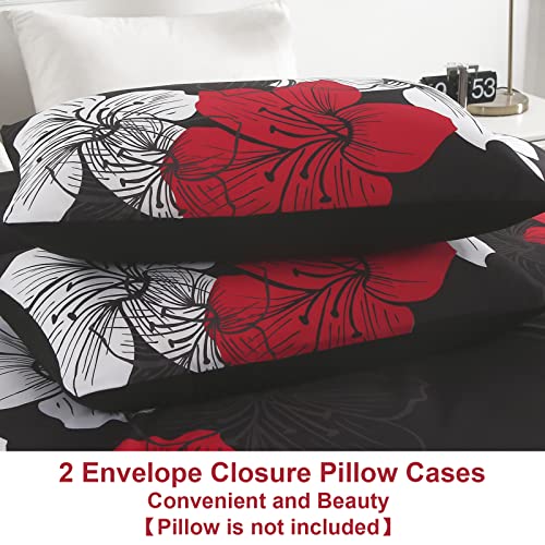 3 Pieces Duvet Cover Set Queen Red Floral Pattern Comforter Cover Elegant Boho Floral Duvet Cover with 2 Pillow Cases Lightweight Microfiber Bedding Duvet Cover Set All Season (Black, 90"x90")
