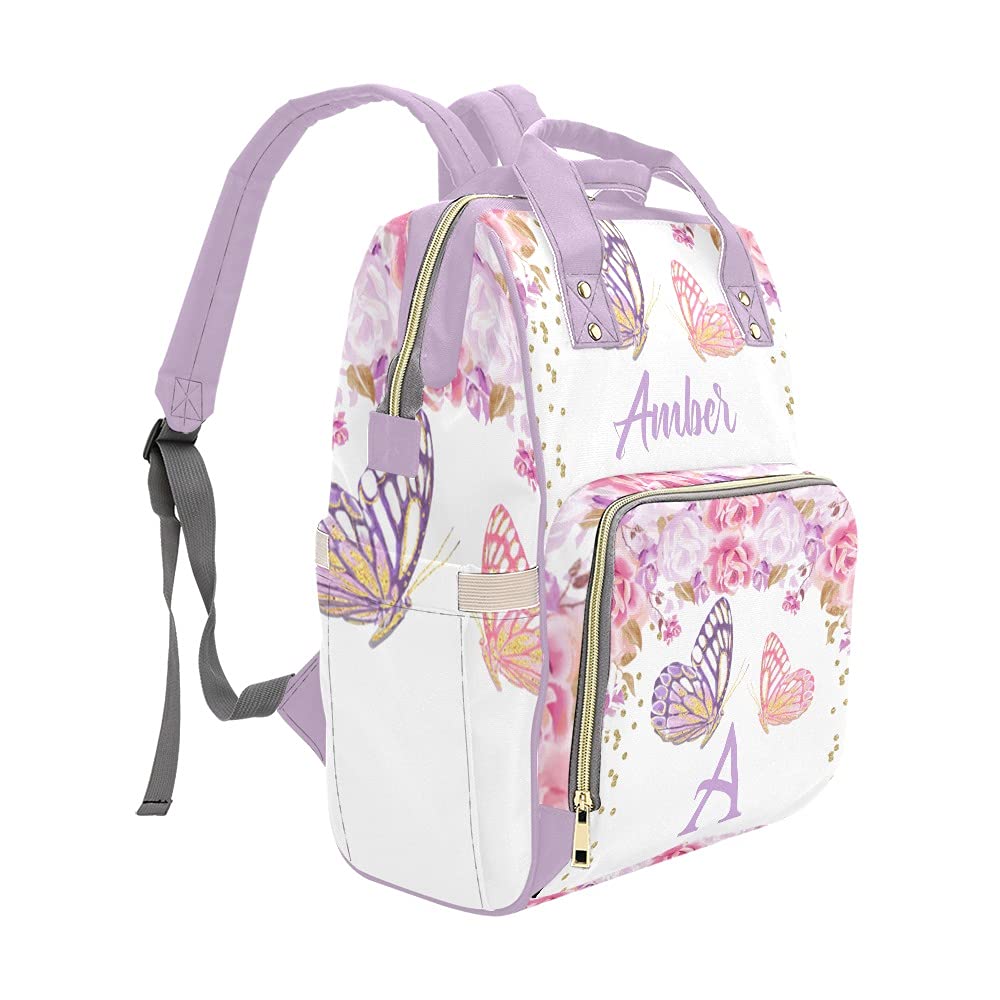 XOZOTY Purple Flower Butterfly Diaper Bags Backpack Personalized Baby Bag Nursing Nappy Bag Travel Tote Bag Gifts