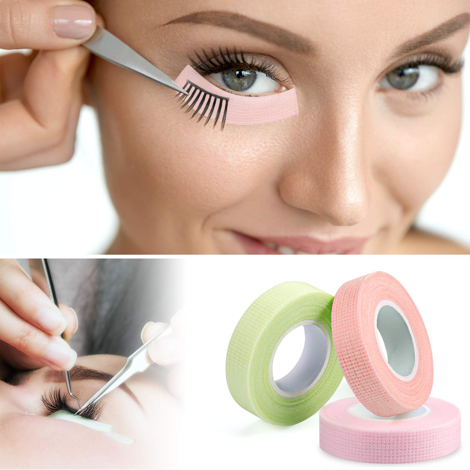 Maitys 6 Roll Lash Tape for Eyelash Extensions with Eyelash Tape Dispenser Cutter Breathable Adhesive Fabric Tape for Eyelash Extension Supplies 0.5 Inch Wide 10 Yard Long (Green, Pink, Purple)