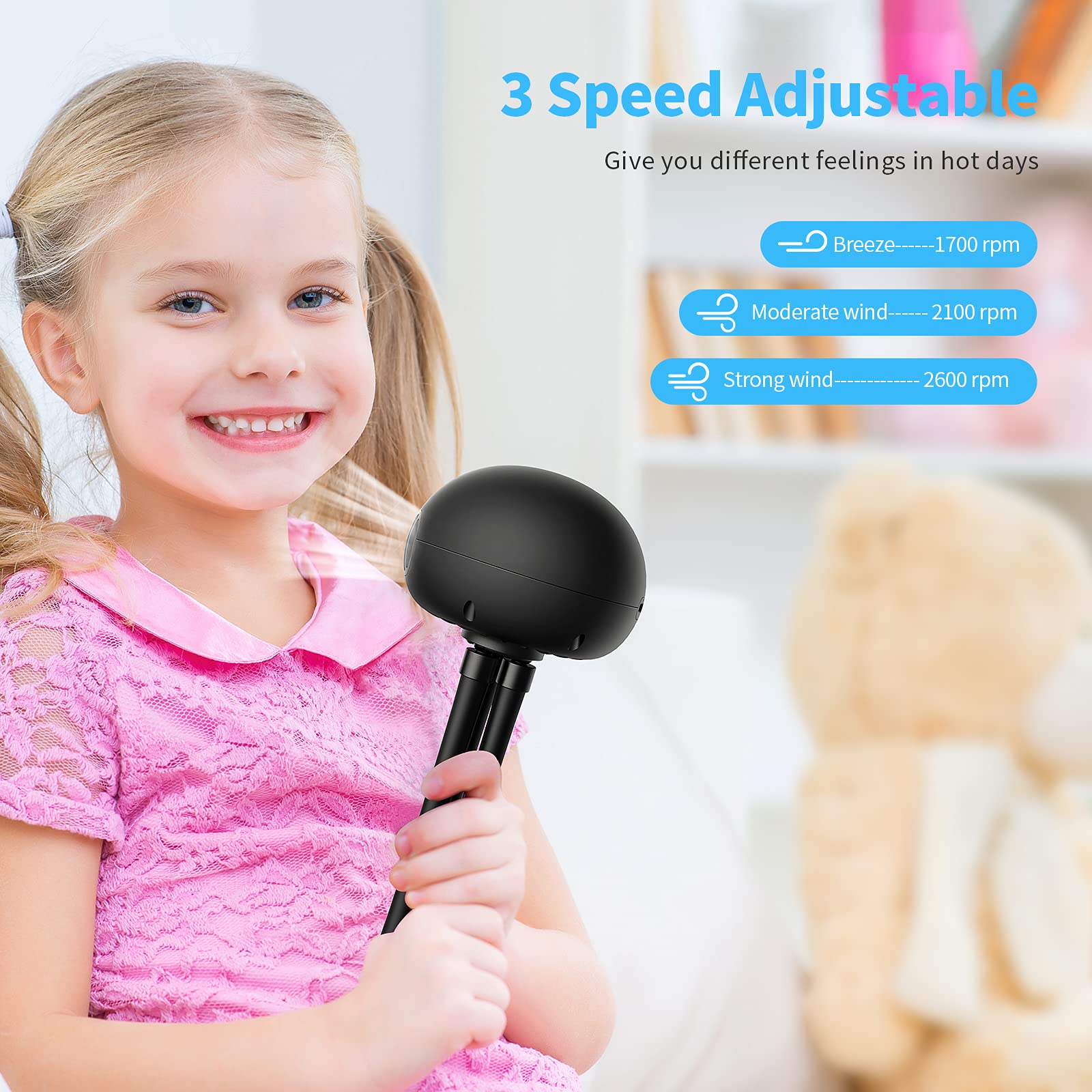 SMARTDEVIL Portable Clip on Stroller Fan, 3000mAh for Baby, 3 Speed Battery Operated Personal Desk Fan with Flexible Tripod, Mini Handheld Fan for Car Seat, Treadmill, Camping (Black(3000mAh))