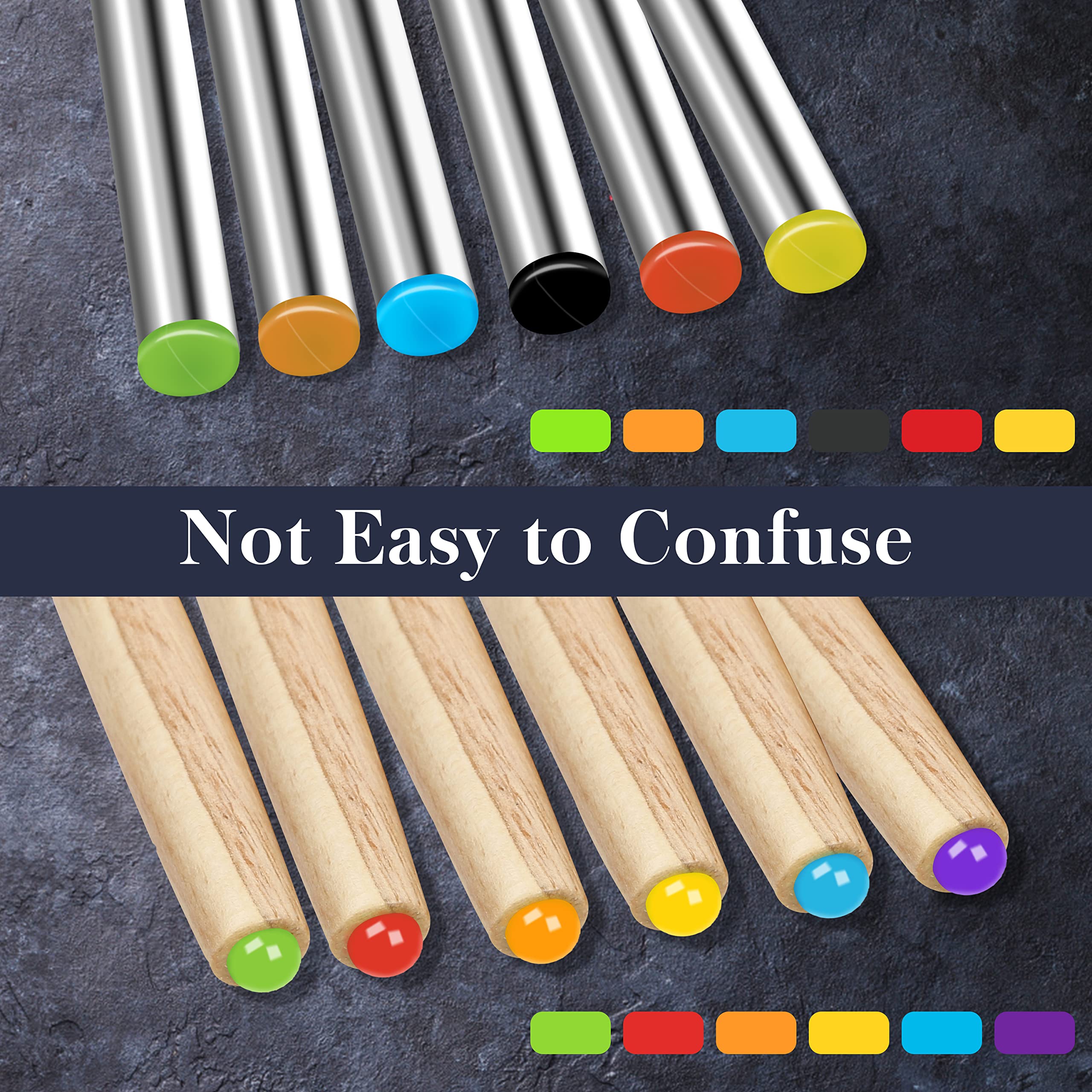 12 Pcs 9.6 Inch Cheese Fondue Forks, Smores Sticks with Color Coding, 6pcs Stainless Steel and 6pcs Wooden Handle for Roast Meat Chocolate Fountain