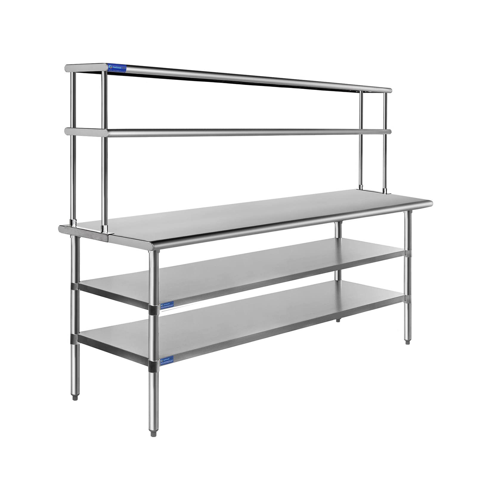 24" x 60" Stainless Steel Work Table with Two Shelves and 12" Wide Double Tier Overshelf | Metal Kitchen Prep Table & Shelving Combo