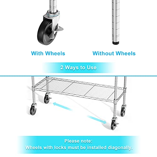 Auslar 3-Shelf Storage Shelves with Casters Heavy Duty 3-Tier Rolling Cart Utility Racks Adjustable Wire Metal Storage Shelving, Chrome