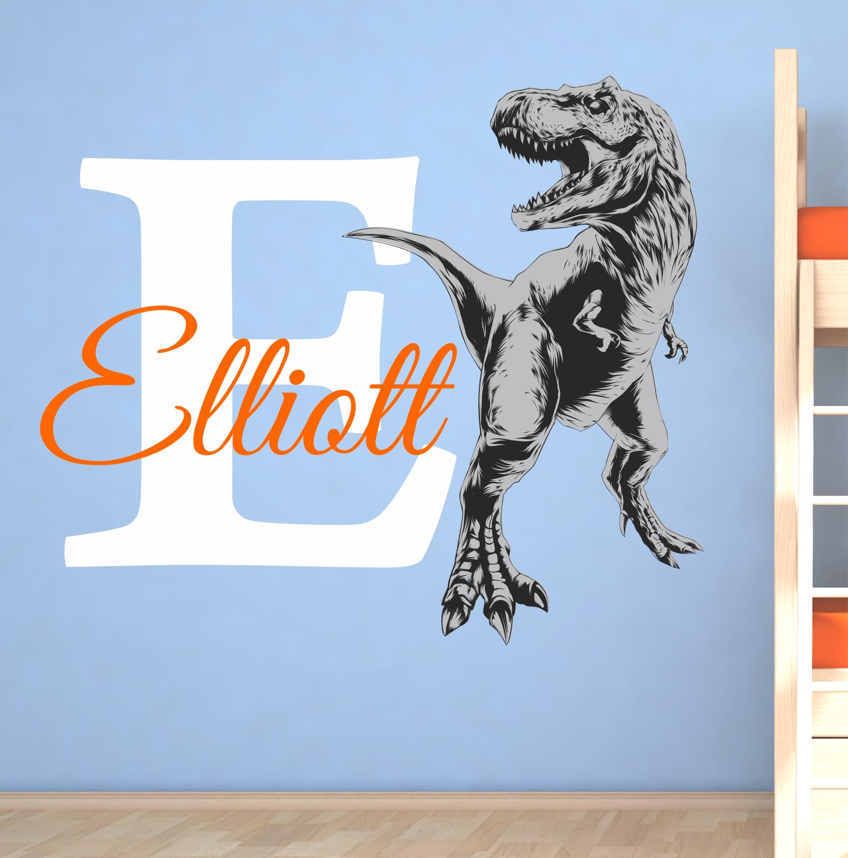 Boys Nursery Blue T Rex, Tyrannosaurus Dinosaurs Personalized Custom Name Initial Vinyl Wall Decal Decor Stickers, Customized Nursery Dino Theme, (Multiple Size Choices) (White Initial/Grey Dinosaur)