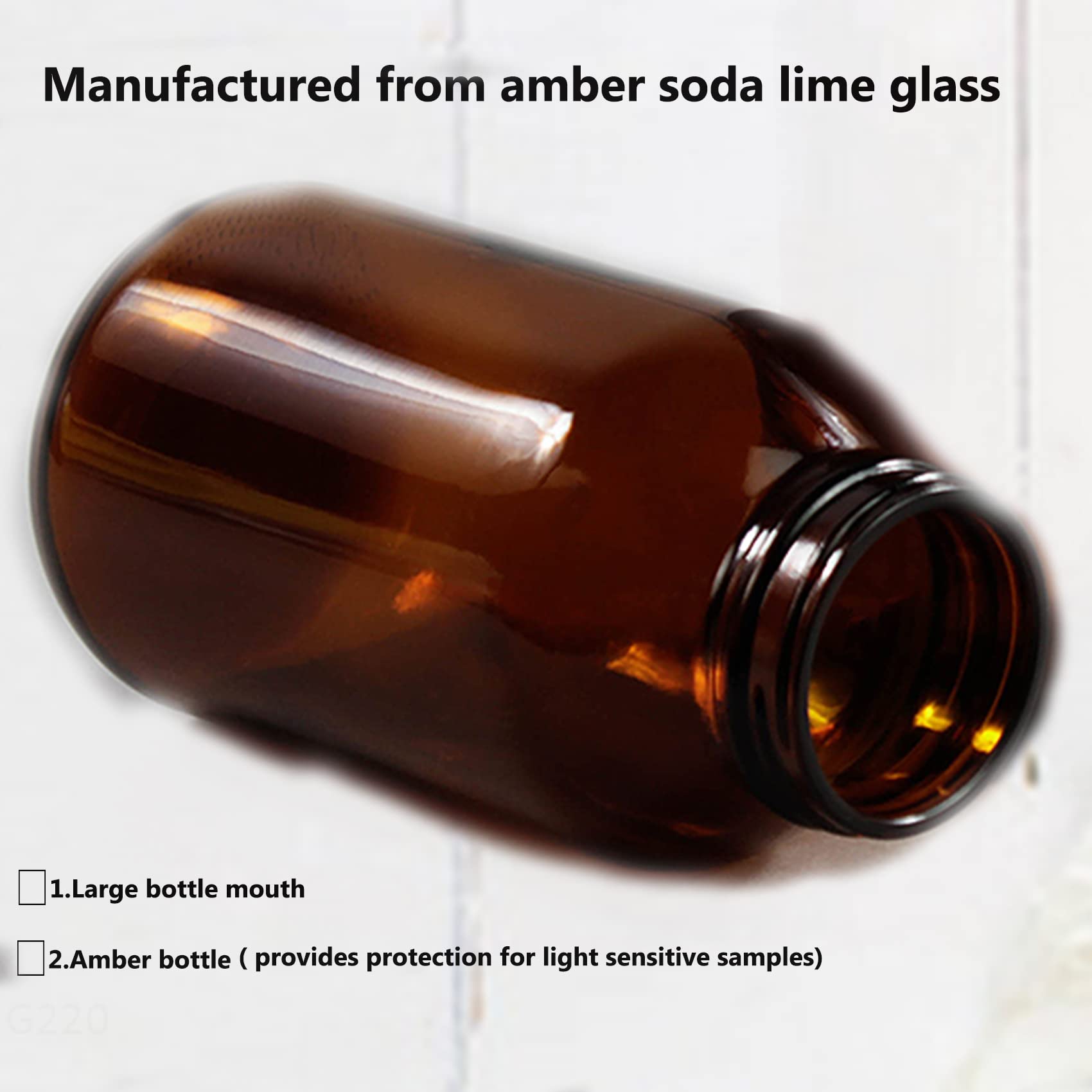 PEKYBIO Wide Mouth Packer Bottle, Amber Glass, 100 ML (3.4 OZ) Capacity with 38-400 Black Polyethylene Screw Cap Lined PE Septa, Package of 24 Units
