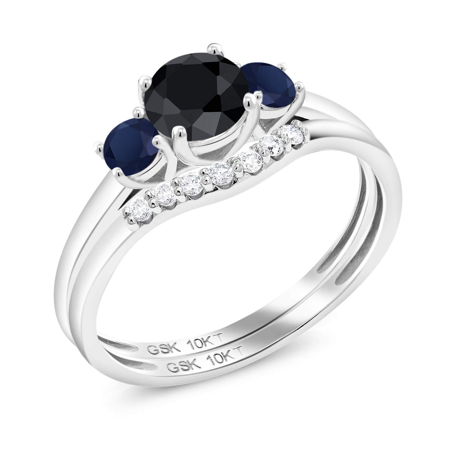10K White Gold Black Sapphire and Blue Sapphire and White Lab Grown Diamond 3-Stone Bridal Engagement Wedding Ring Set For Women (1.07 Cttw, Gemstone September Birthstone, Round 5MM, Size 9)