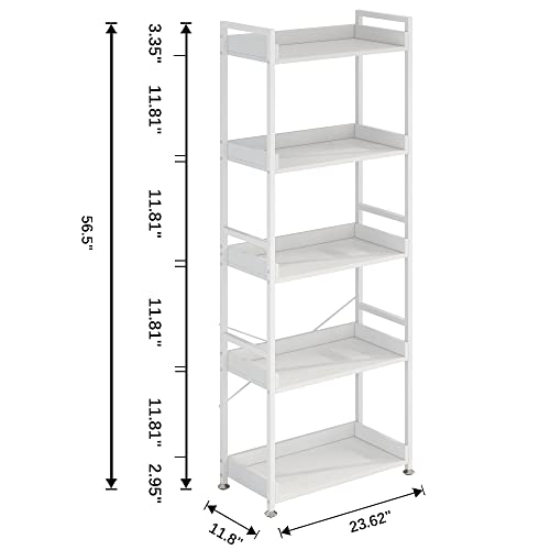 4NM Open Shelf 5-Tier Industrial Bookshelf Storage Shelves Vintage Bookcase Standing Racks for Home Office Pantry Closet Kitchen Laundry - All White