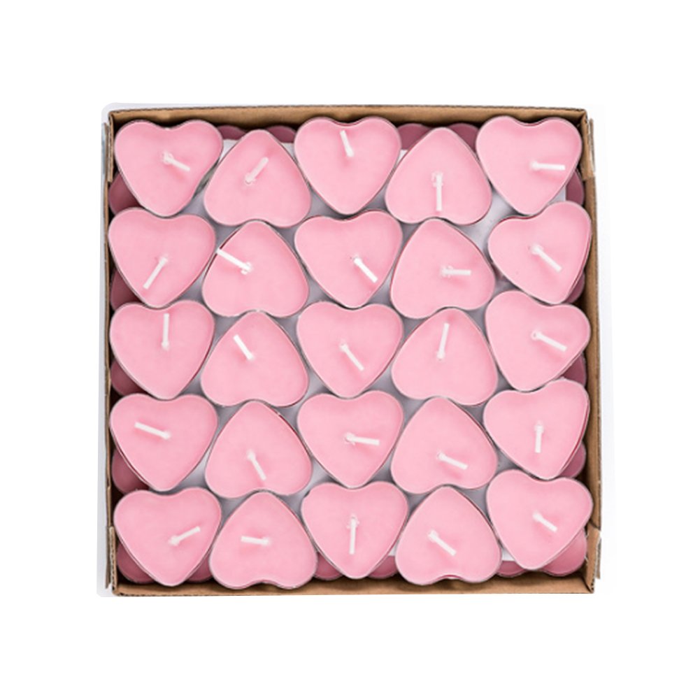 50 Pack Heart Shaped Unscented Tea Lights Candles – Smokeless Tealight Candles - Decorations for Wedding, Party, Votives, Oil Burners and Christma (Pink)