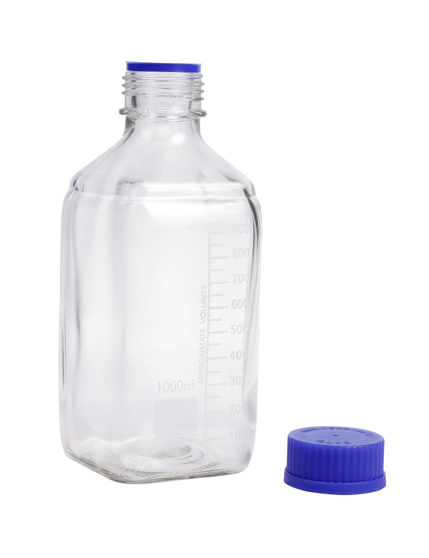 Moonetto 4 Pack 1000mL Graduated Square Media/Storage Glass Bottle With GL45 Blue Polypropylene Screw Cap