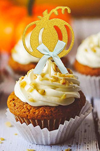 Pumpkin Cupcake Toppers Boy, Fall Theme Cake Decorations for Pumpkin Baby Shower, Birthday Party Decorations-24 Packs