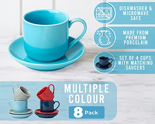4oz. Espresso Cups Set of 4 With Matching Saucers - Premium Porcelain, 8 Piece Gift Box Demitasse Set - Red, Blue & Grey – Italian Caffè Mugs, Turkish Coffee Cup – Lungo Shots, Dopio Double Shot