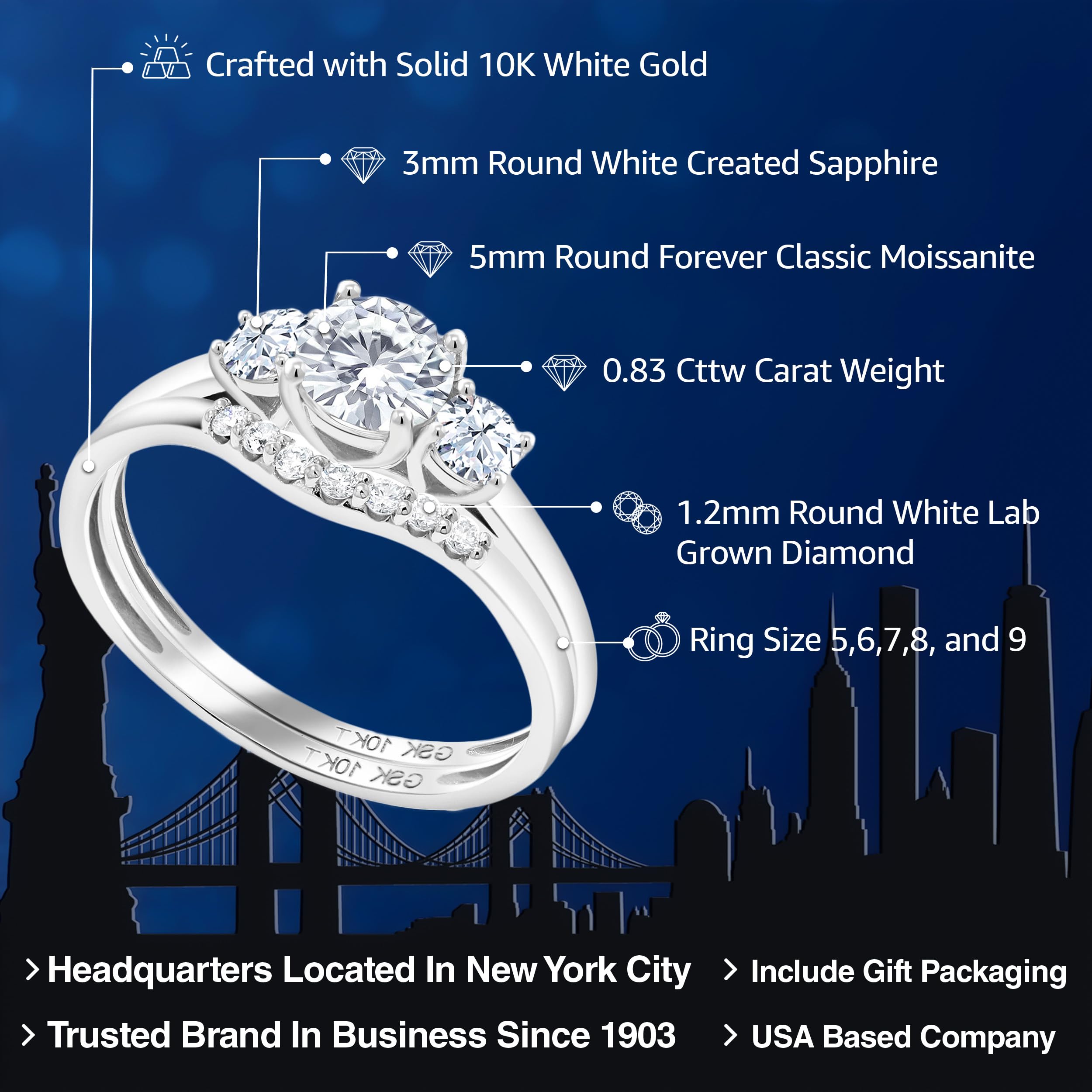 10K White Gold Forever Classic Moissanite From Charles & Colvard and White Created Sapphire and Lab Grown Diamond 3-Stone Bridal Engagement Wedding Ring Set For Women (0.83 Cttw, Round 5MM, Size 7)
