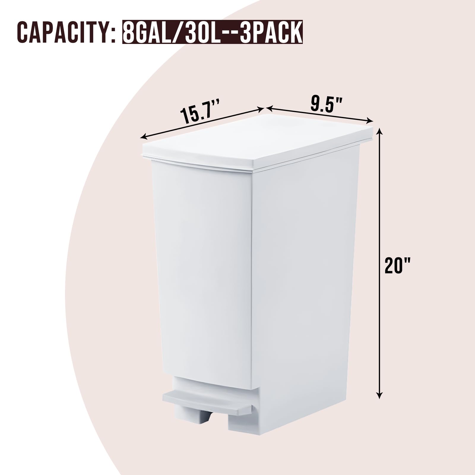 3 Pack Large Trash Can With Lid and Foot Pedal, 8 Gallon Slim Kitchen Trash Can Step On, Hands Free Recycling White Kitchen Garbage Can Plastic - Odor Block, 9 Inch Wide Trash Can Fit For Narrow Space