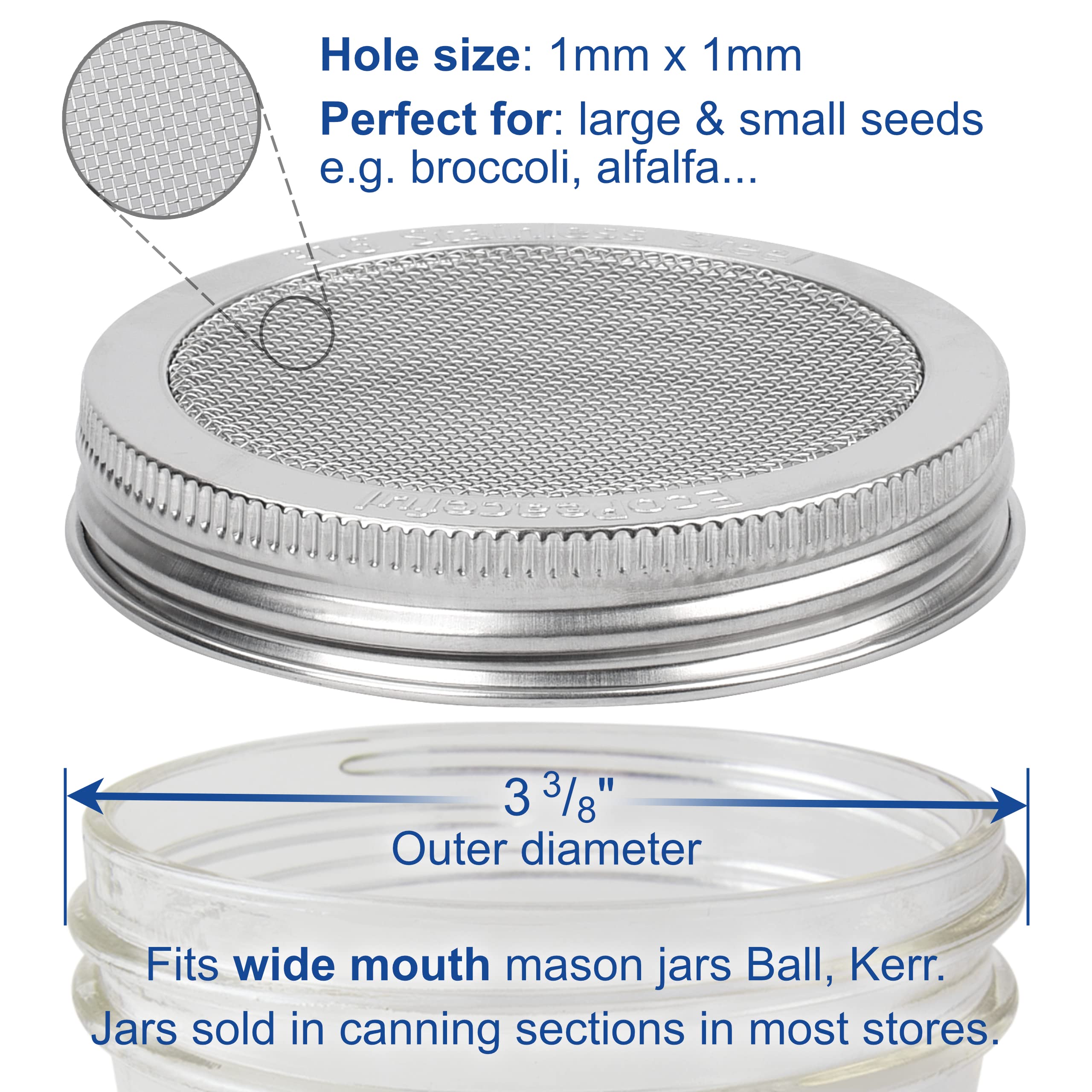 2 Pack Mason Jar Sprouting Lids - 316 Surgical Stainless Steel Sprouting Lids for Wide Mouth Mason Jars - Screen Mesh Strainer, Sprouter Kit for Alfalfa & Broccoli Seeds - Rust-Proof, Dishwasher Safe