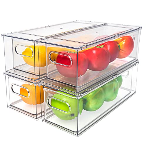 4Pack Stackable Fridge Organizer Drawers Pull Out Bins Clear Refrigerator Drawer Storage Box Divided Produce Saver Containers for Veggie Fruit Pantry Cabinet Makeup Clothes