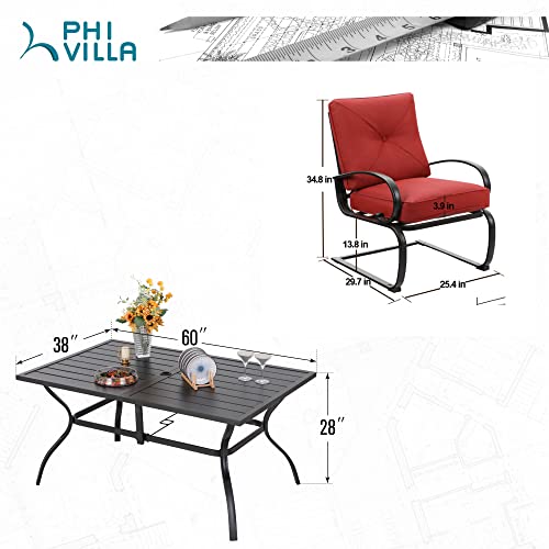 PHI VILLA 7 Piece Patio Dining Set with 60"x38" Rectangular Large Metal Dining Table and 6 Pcs Outdoor C-Spring Motion Dining Chairs(Red) for Garden Lawn