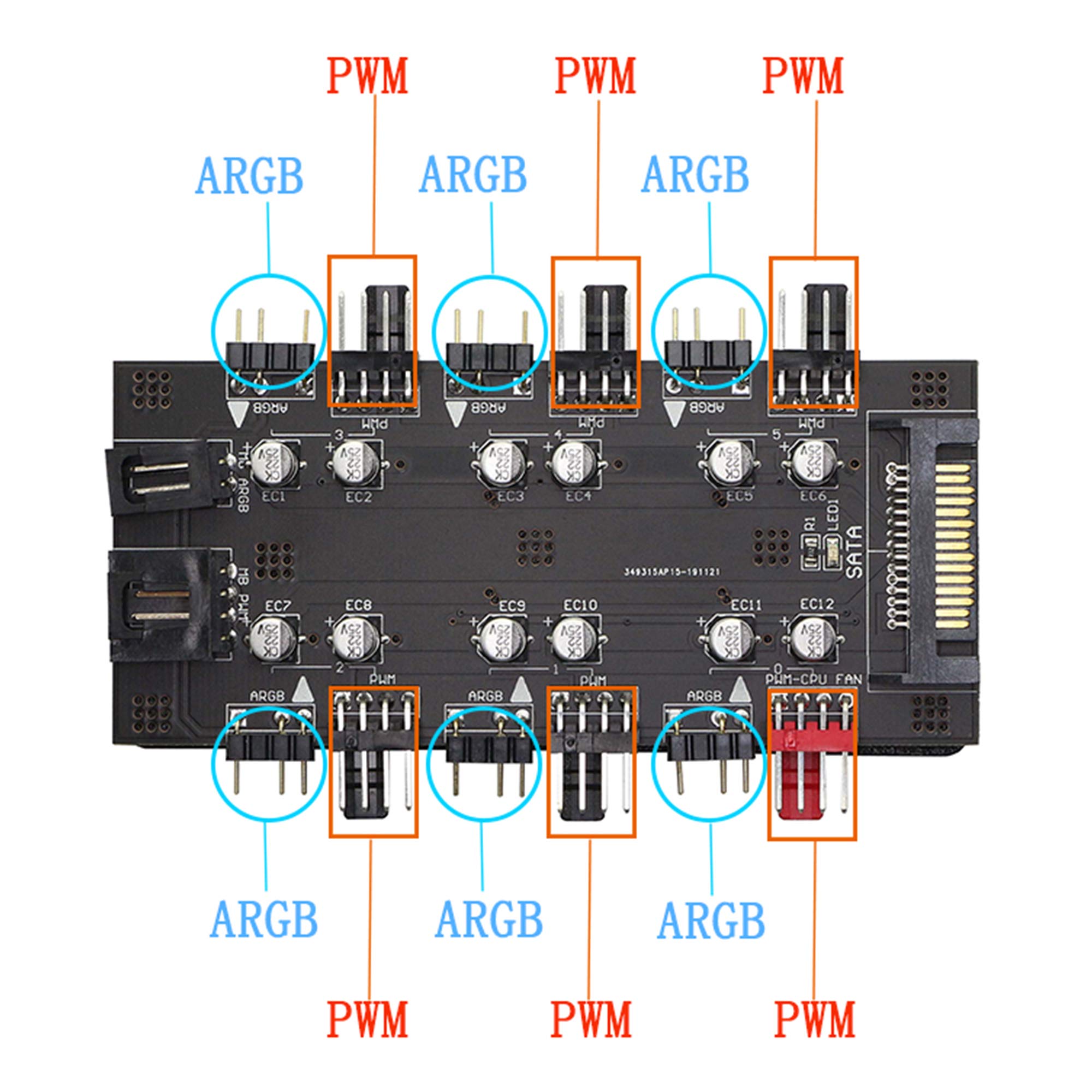 12V 4Pin PWM & 5V 3Pin ARGB with SATA 15Pin Power 2-in-1 Hub 6 Way Sync CPU Cooling Fan Addressable RGB Lighting PCB Splitter for Extended Motherboard Interface -Black Compatible With Desktop