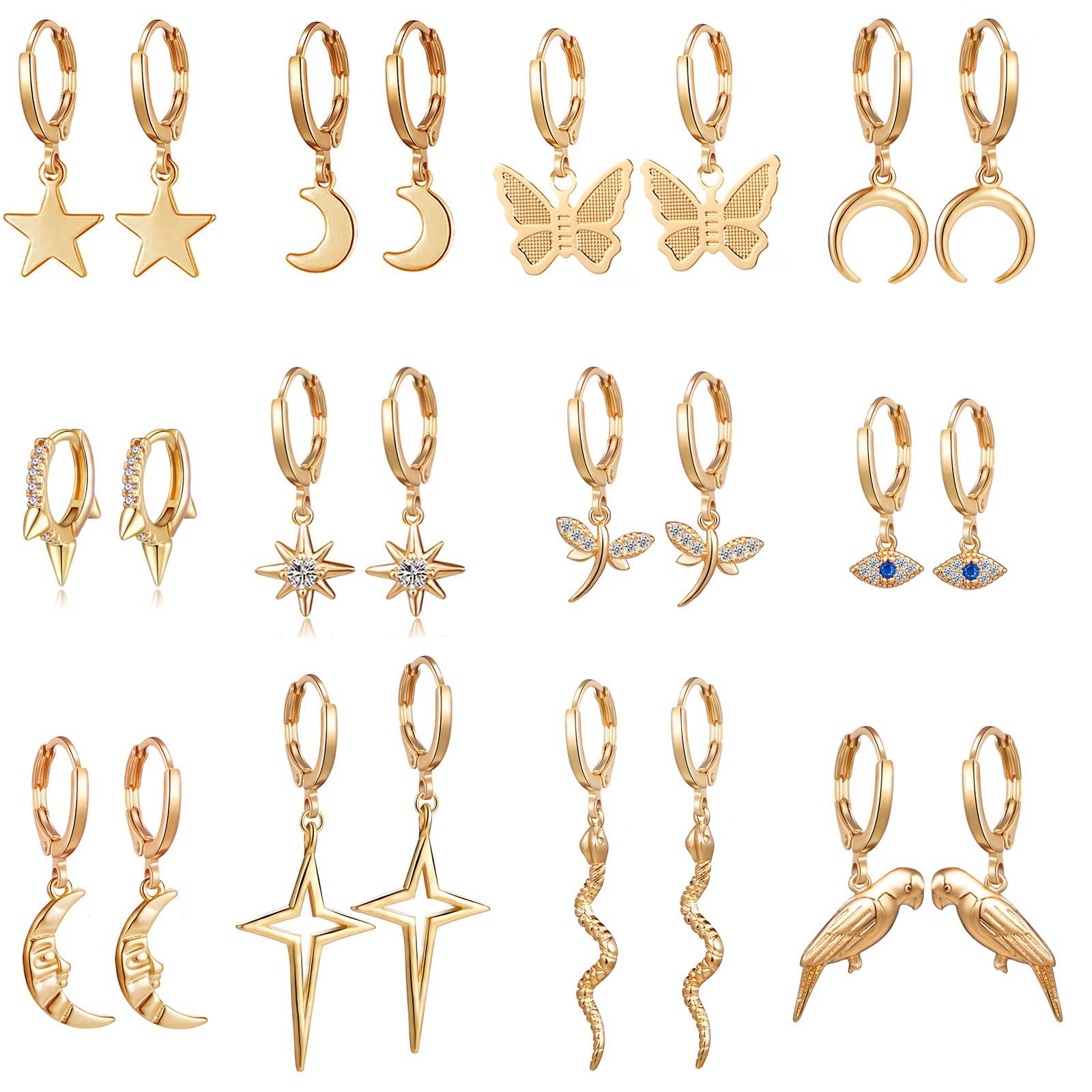 12 Pairs Gold Butterfly Dangle Earrings for Women - Mini Hoop Earrings for Women Butterfly Earrings Cartikage Earrings Snake Earrings Moon Star Earrings Sun Earrings Set for Women Cute Earrings Pack