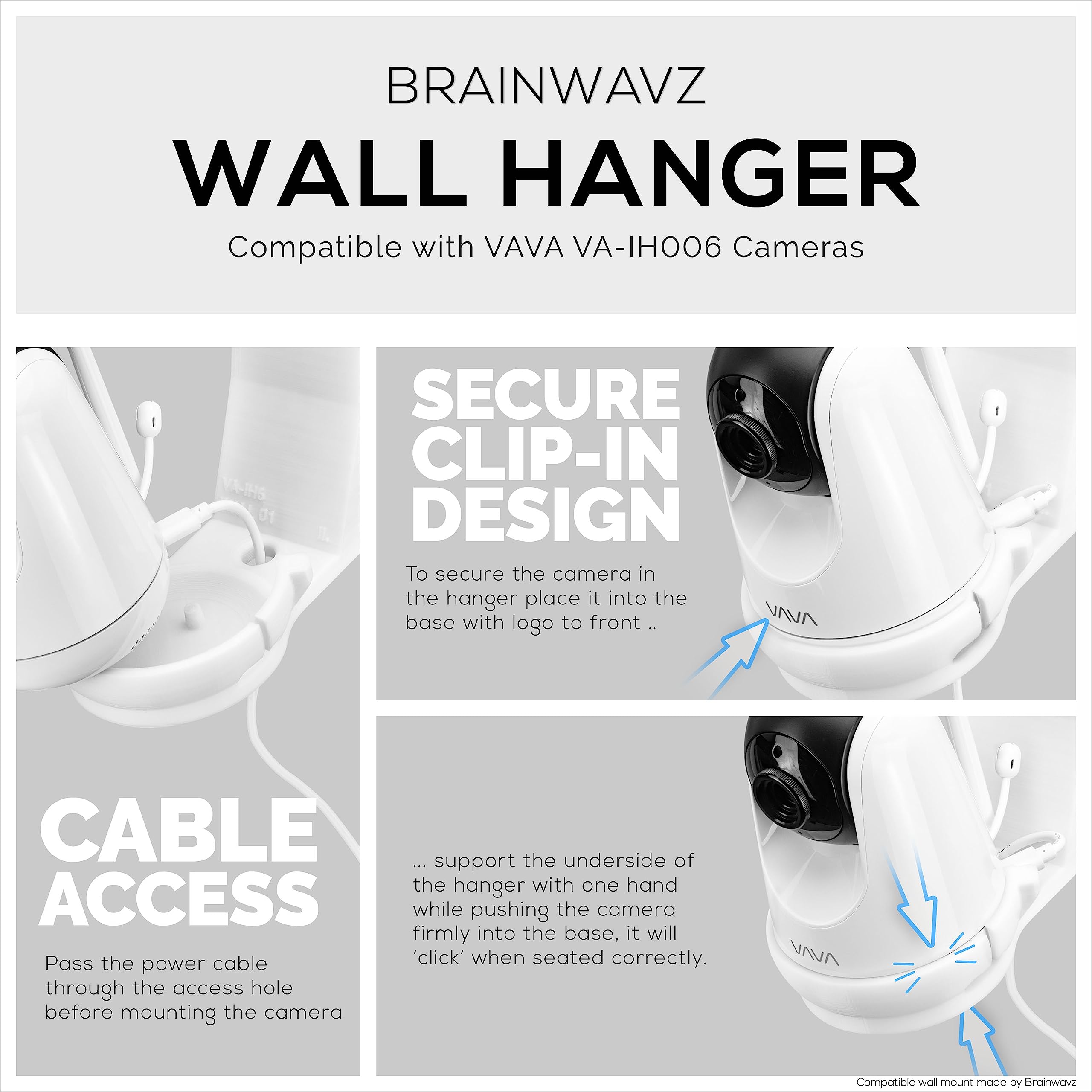 BRAINWAVZ Adheasive Wall Mount for VAVA Baby Monitor Camera (VA-IH006) Shelf - No Screws, Easy to Install, No Mess, Strong Mount Holder, White
