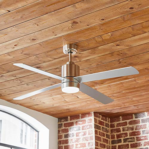 Amazon Brand β Rivet Modern Cylindrical Base Remote Control Flush Mount Ceiling Fan with LED Light, 52"W x 14"H, Brushed Nickel